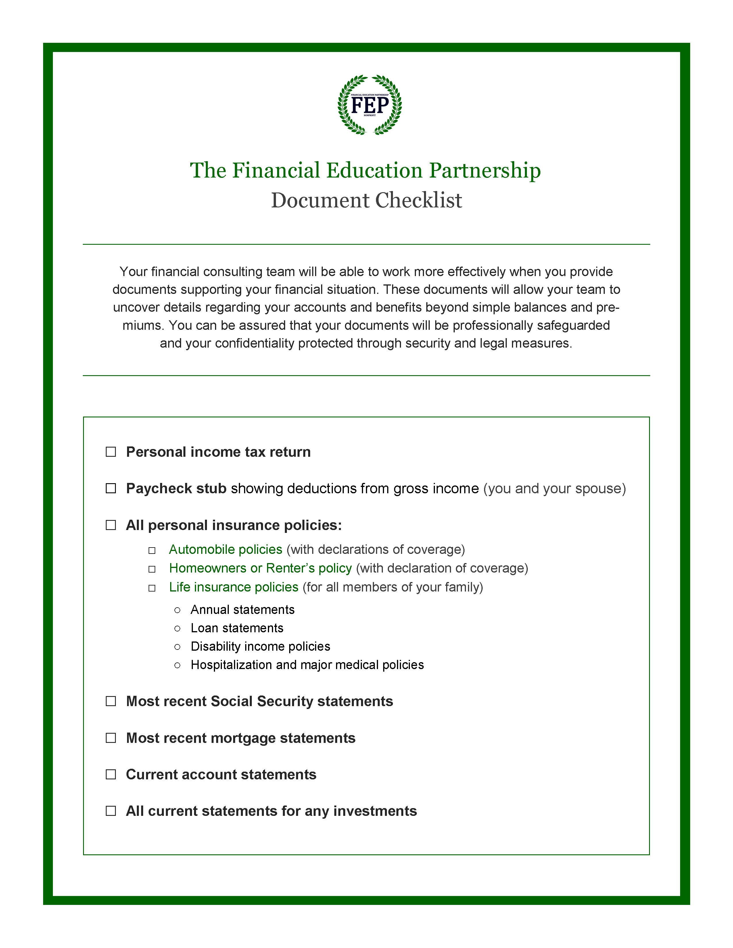 FEP Document Checklist - Financial Education Partnership