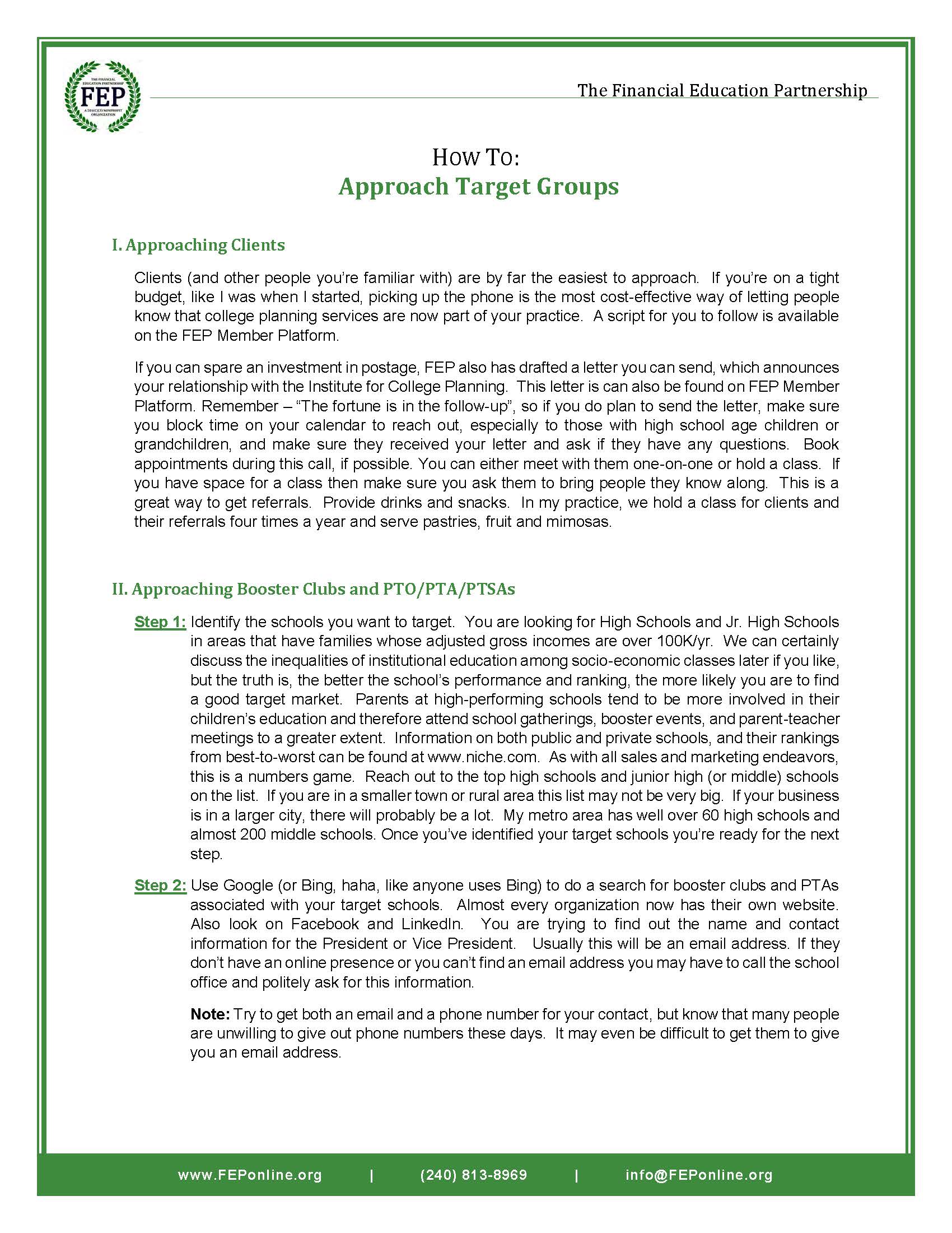 FEP How to Approach Target Groups - Financial Education Partnership