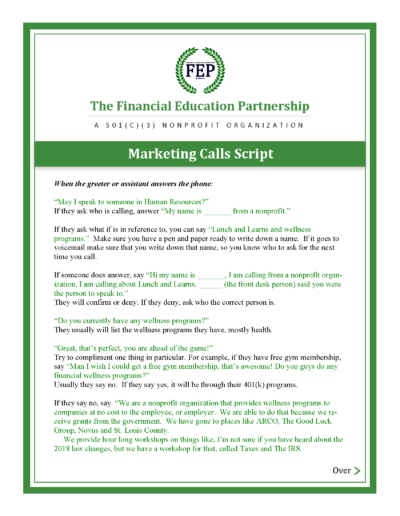 FEP Marketing Calls Script GF_Page_1 - Financial Education Partnership