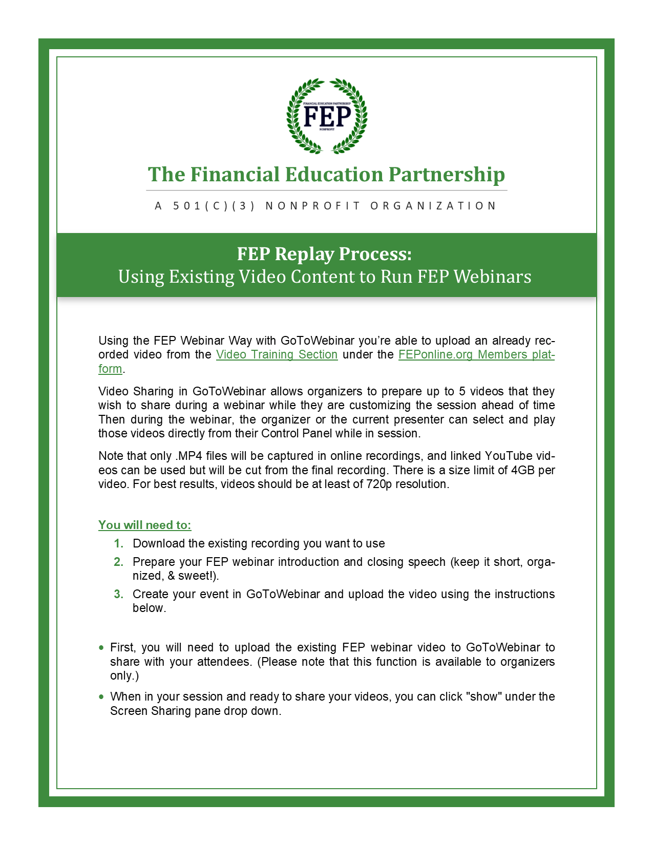 FEP Webinar Program - Financial Education Partnership
